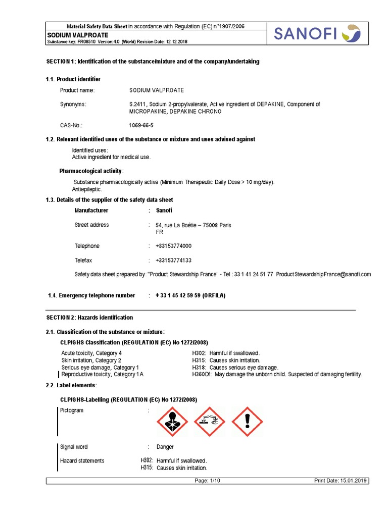 Sodium Valproate Safety Data Sheet | PDF | Toxicity | Water