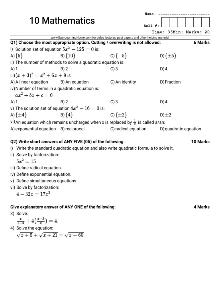 10 Mathematics - Test Maker @ | PDF | Equations | Quadratic Equation