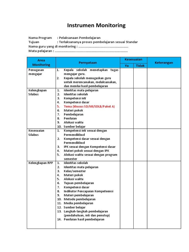Contoh Instrumen Monev Pembelajaran Dan Penilaian | PDF