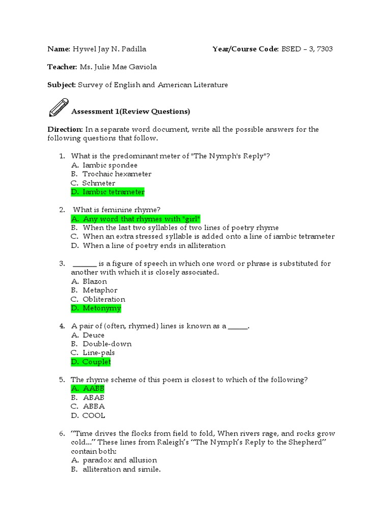 Unit4 Workbook Assessment | PDF | Sonnets | Poetry
