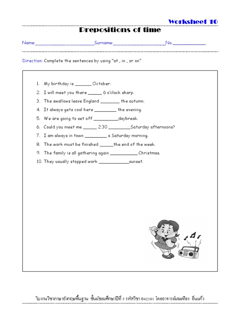 Prepositions of Time: Worksheet 10 | PDF