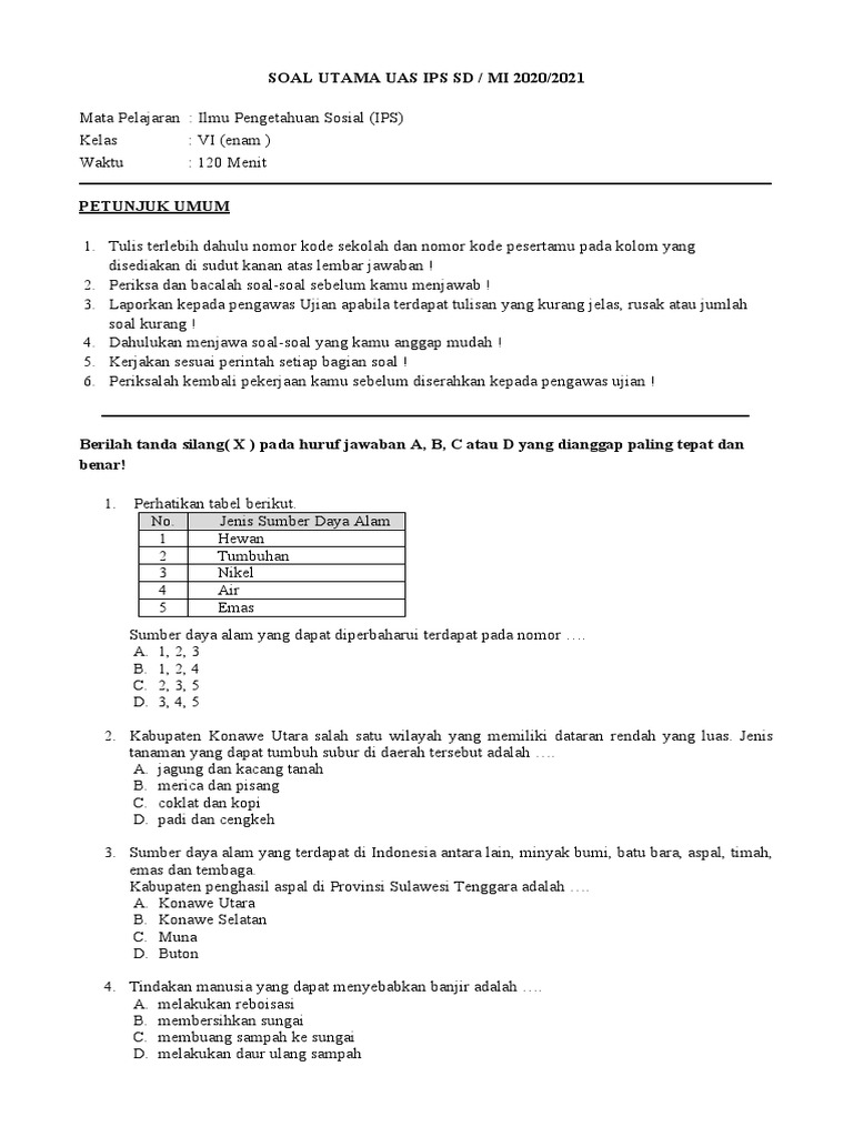 Soal Utama Ips Usbn 2021 | PDF