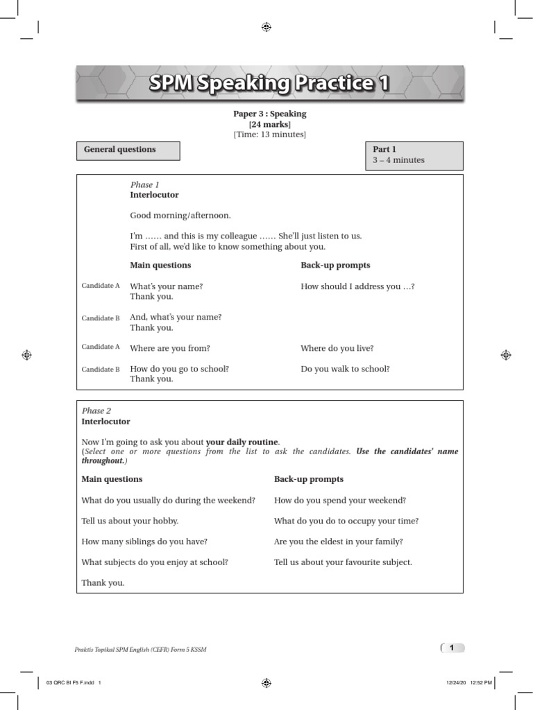 SPM Speaking Practice 1: Paper 3: Speaking (24 Marks) General Questions ...