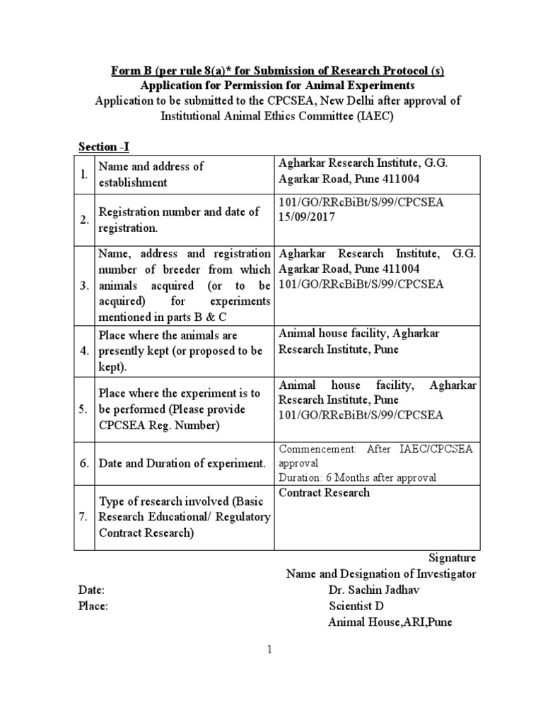 Form B (Per Rule 8 (A) For Submission of Research Protocol (S ...