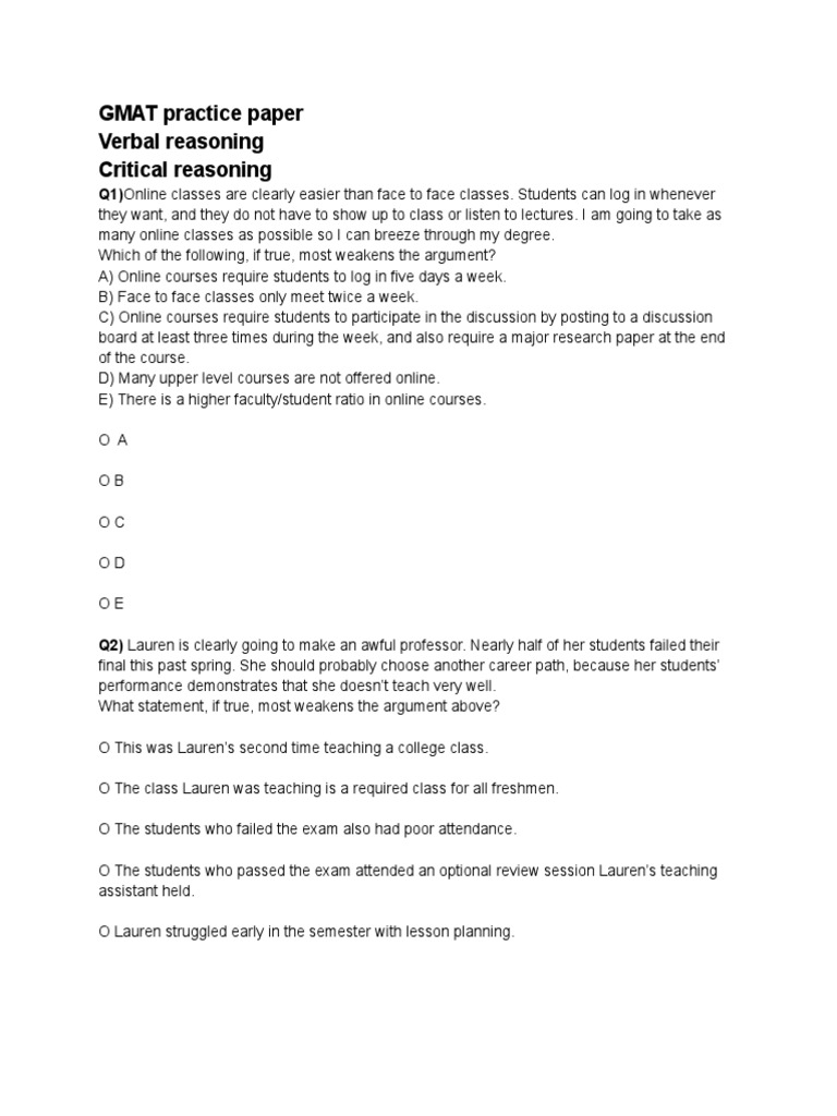 GMAT Practice Paper Verbal Reasoning Critical Reasoning | PDF | Proposition | Doubt