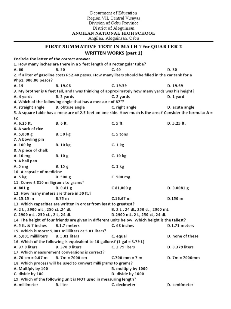 1st Summative Q2 Math 7 | PDF | Litre | Gallon