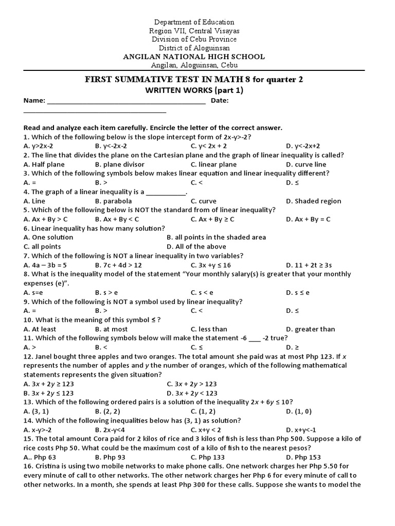 Math 8 Quarter 2 Summative Test | PDF | Inequality (Mathematics ...