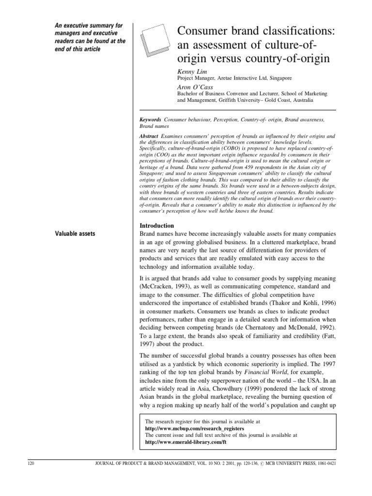 Consumer Brand Classifications - An Assessment of Culture of Origin ...