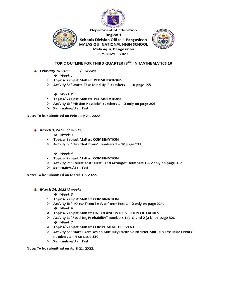 Topic Outline Math 10 Third Quarter Using Books | PDF | Mathematics ...