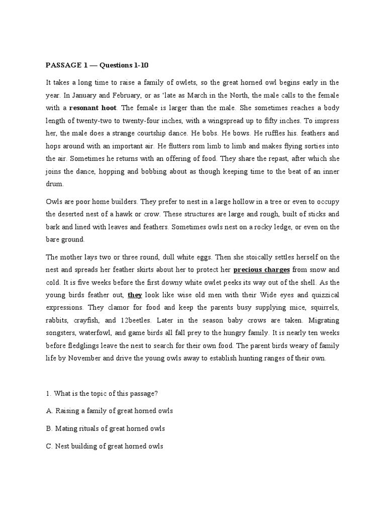 PASSAGE 1 - Questions 1-10 | PDF | Owl | Birds