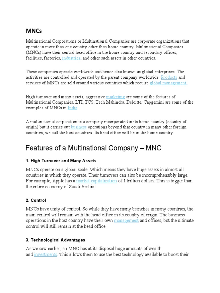 Features Of A Multinational Company Mnc Industries Pdf