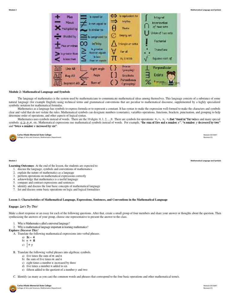 Mathematical Language and Symbols | PDF | Set (Mathematics) | Function (Mathematics)