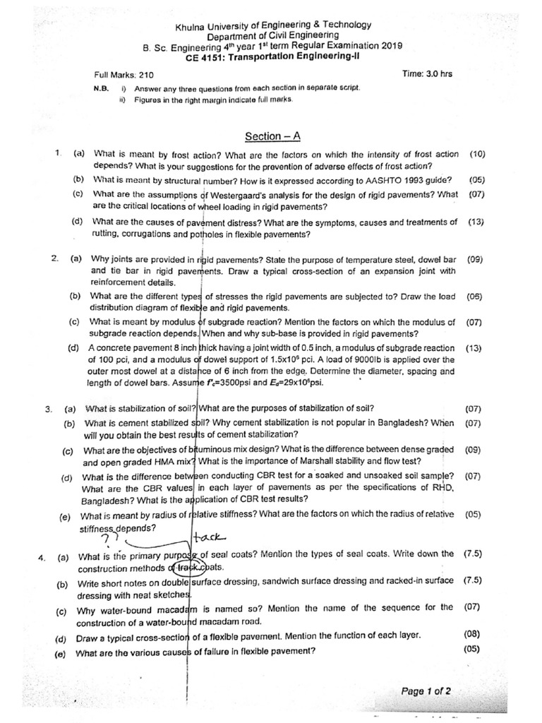 Khulna University Transportation Engineering Exam | PDF | Road Surface ...