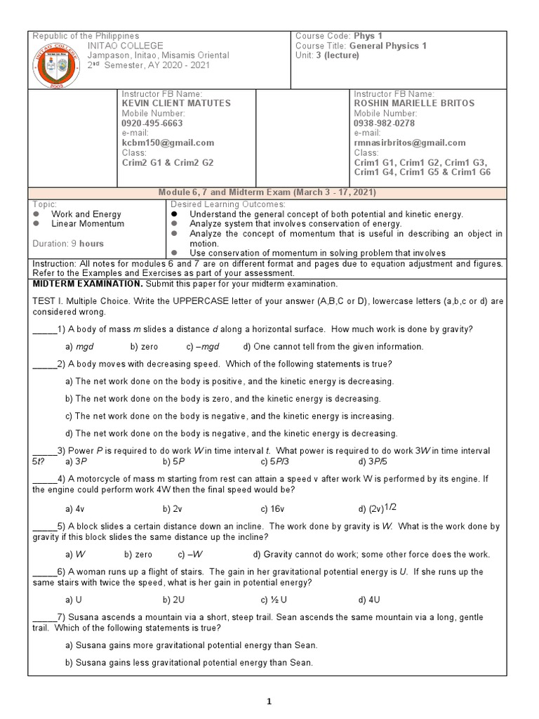 Physics 1 MIDTERM Exam | PDF | Potential Energy | Kinetic Energy