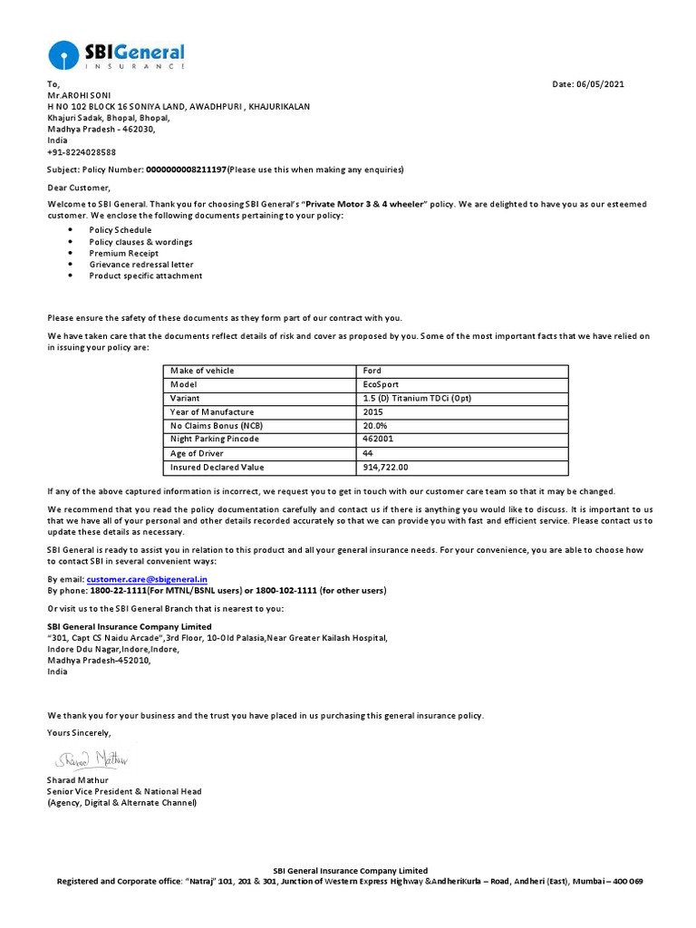SBI General Insurance Policy Details | PDF | Indemnity | Insurance