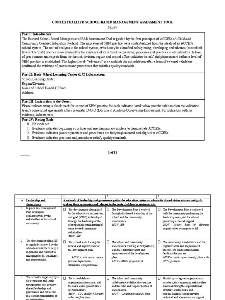 Contextualized School-Based Management Assessment Tool Part I: Introduction | PDF | Learning ...