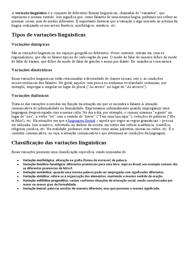Variações linguísticas: tipos, classificação e exemplos | PDF ...
