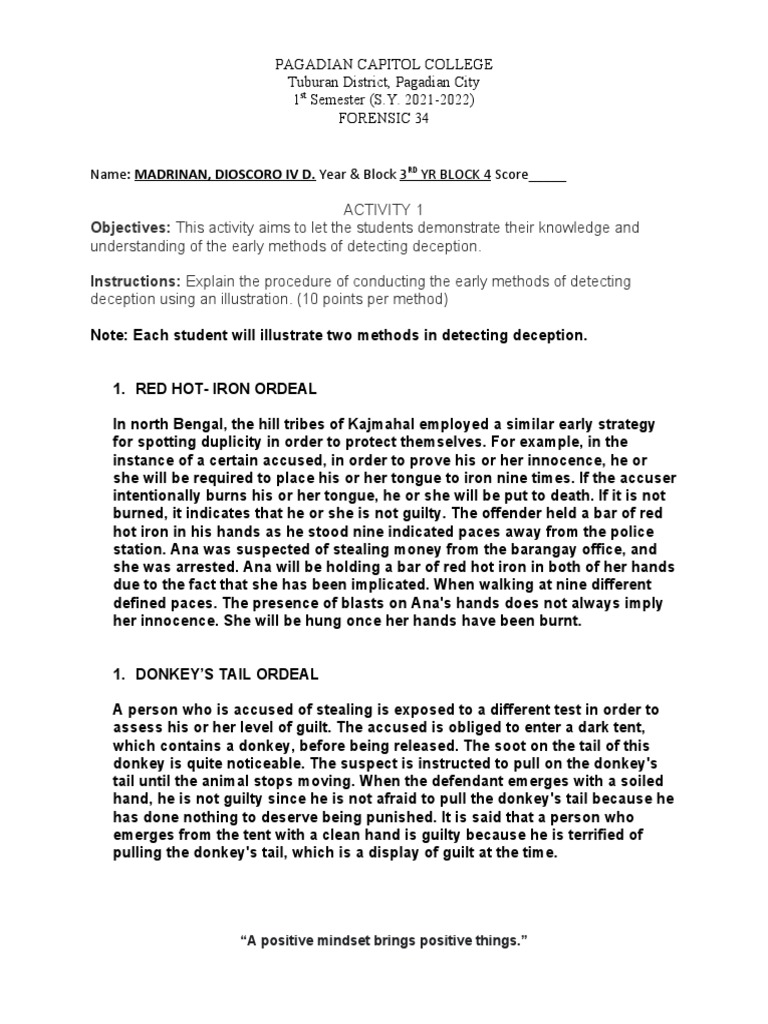 Activity 1 Understanding of The Early Methods of Detecting Deception. Deception Using An ...