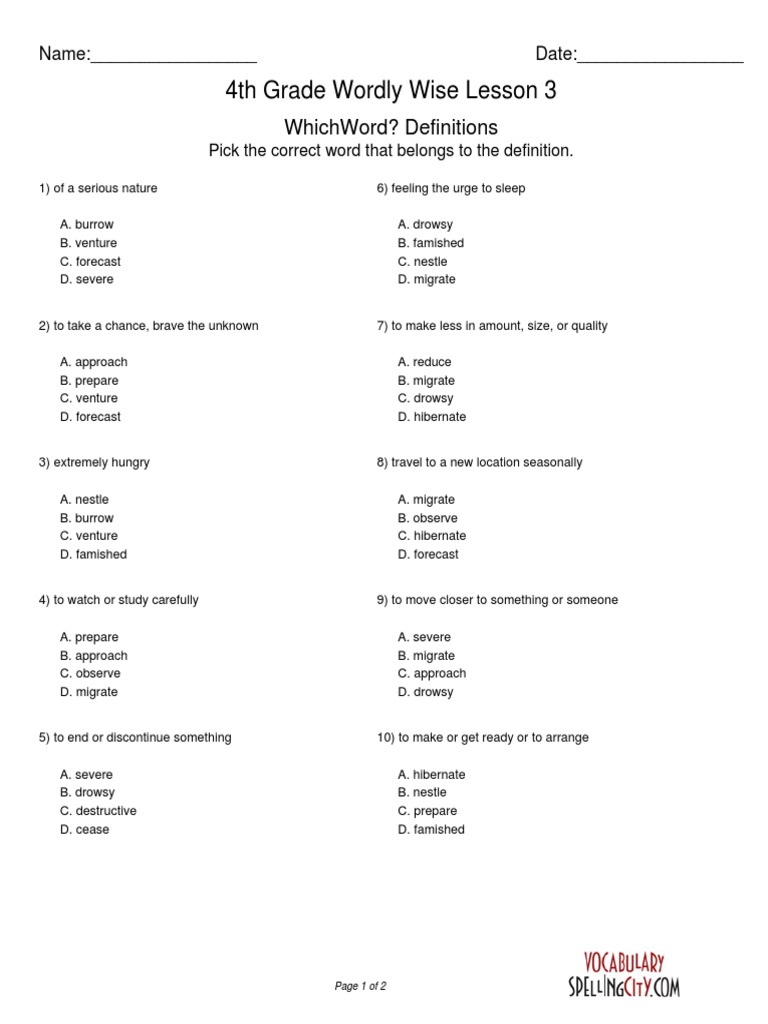 4Th Grade Wordly Wise Lesson 3: Whichword? Definitions | PDF