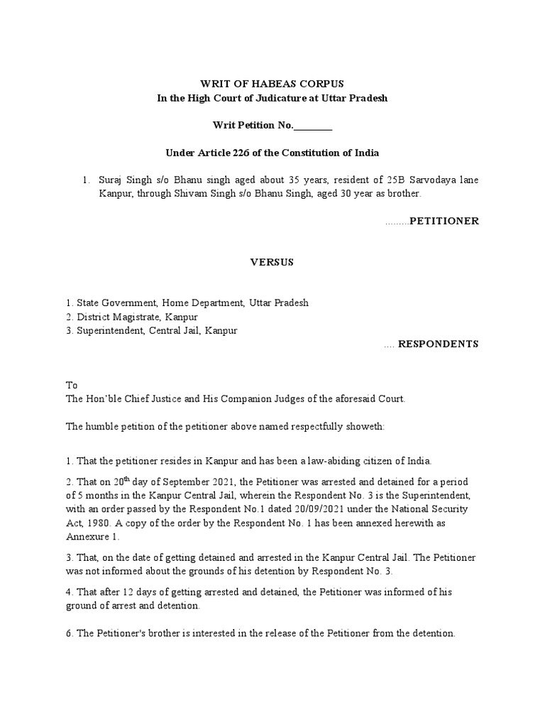 Writ of Habeas Corpus in The High Court of Judicature at Uttar Pradesh Writ Petition No. - Under ...