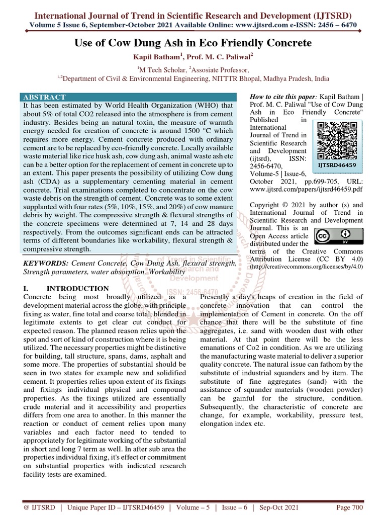 Use of Cow Dung Ash in Eco Friendly Concrete | PDF | Concrete | Cement