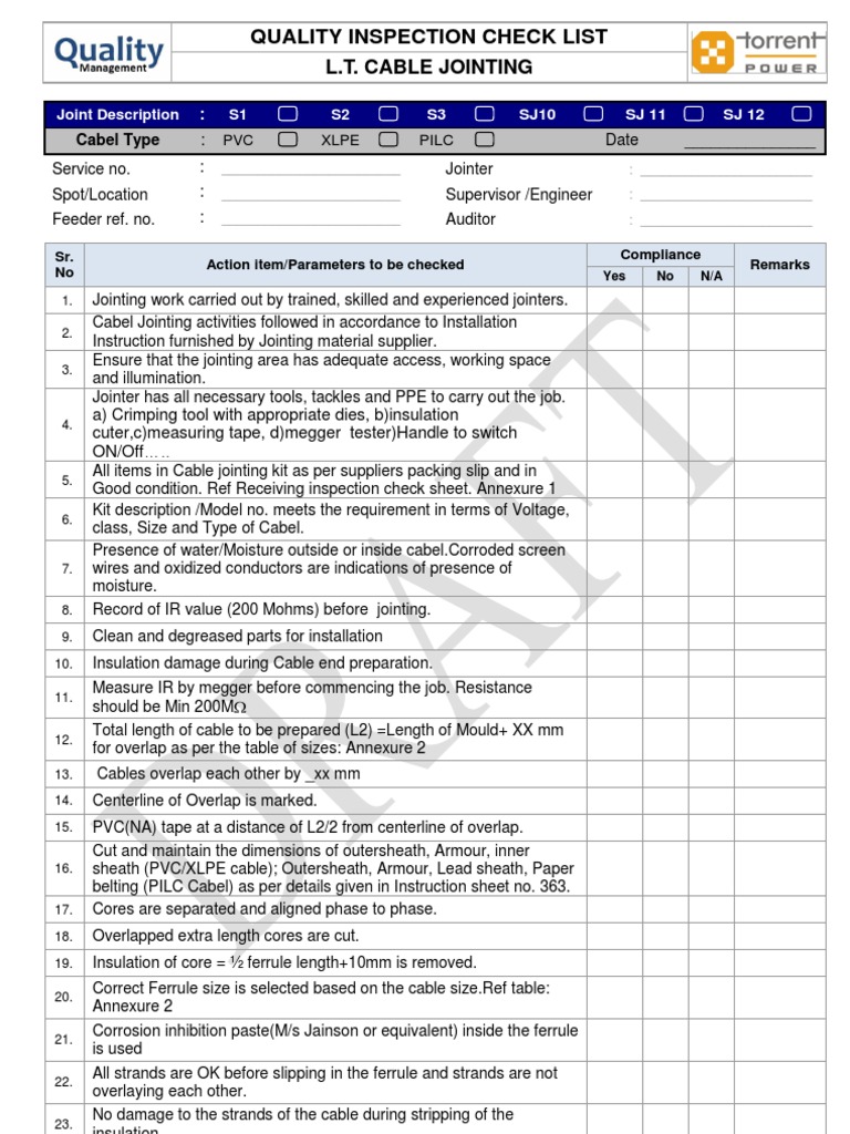 Checklist for LT Cabel Jointing | Insulator (Electricity) | Electrical ...