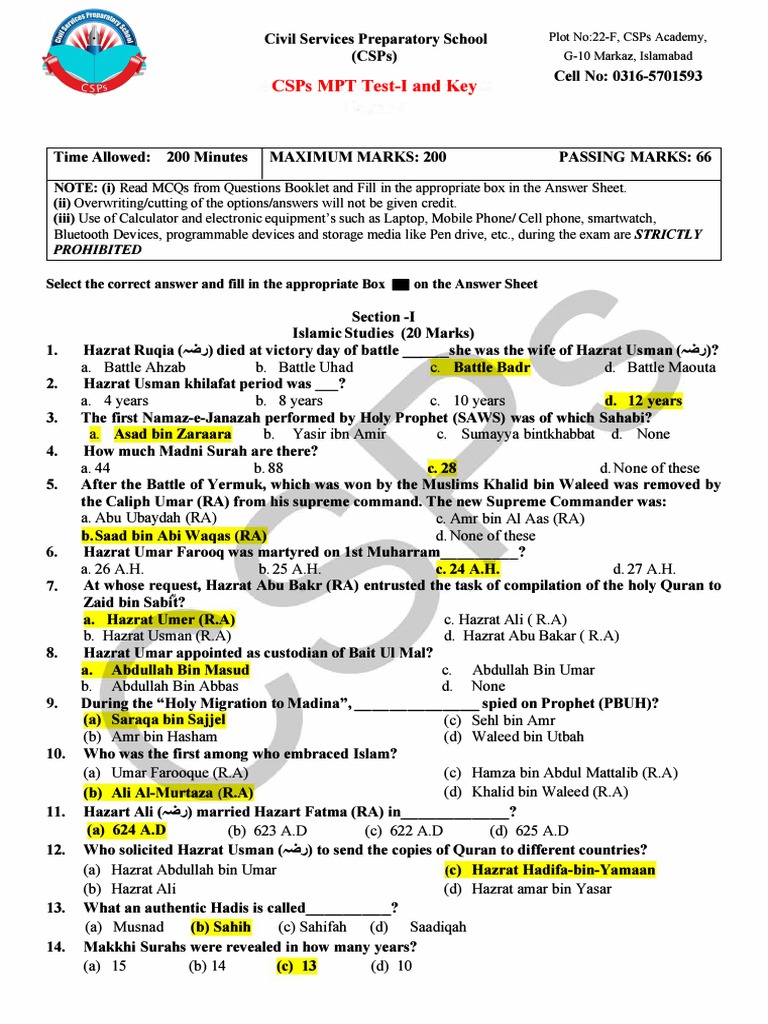 Csps Mpt Test I And Key Pdf Umar Ali 