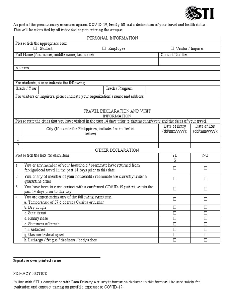 Health Status and Travel Declaration Form | Download Free PDF ...