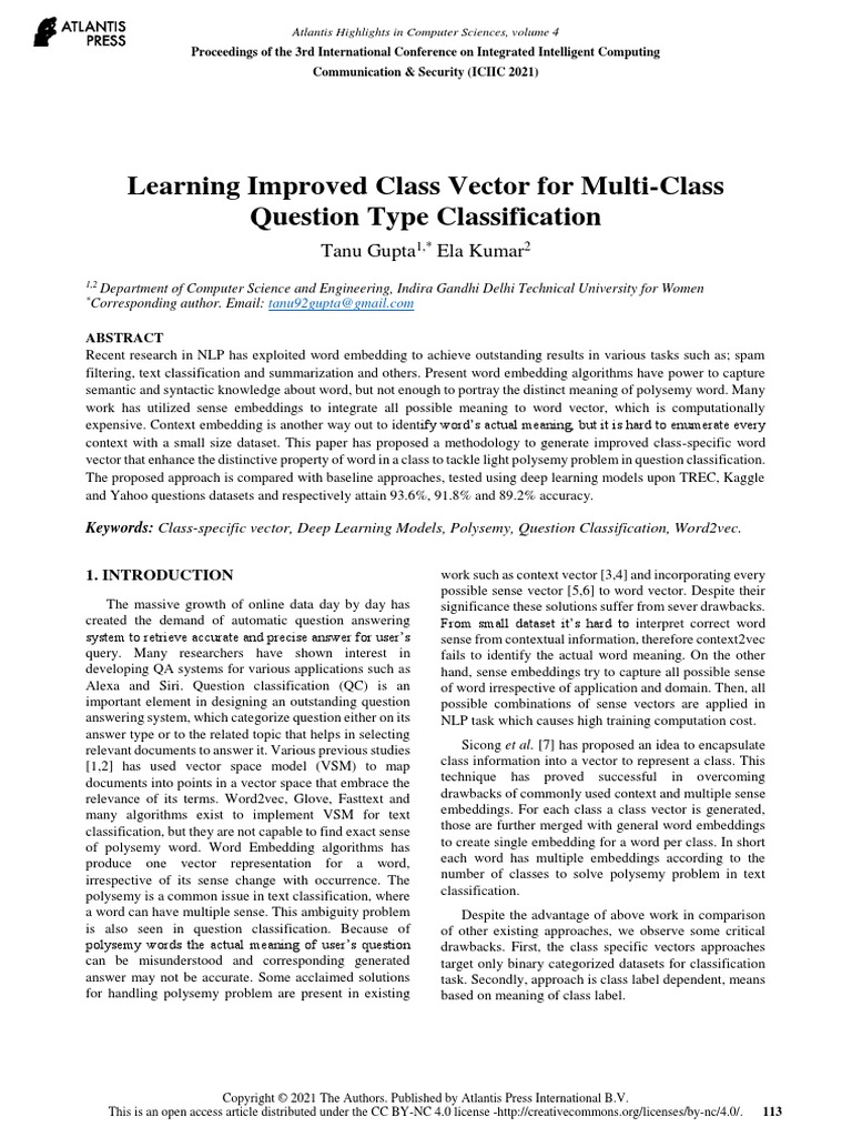 Learning Improved Class Vector For Multi-Class Question Type Classification | PDF | Statistical ...