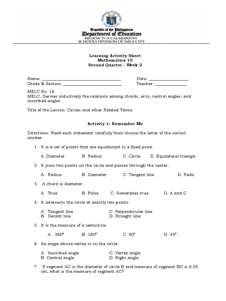 Learning Activity Sheet Mathematics 10 Second Quarter - Week 2 | PDF ...