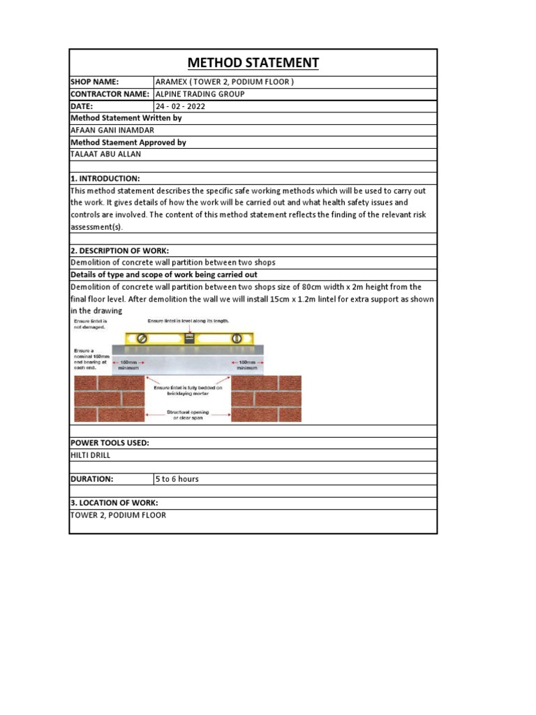 Methid Statement For Demolition Wall | PDF