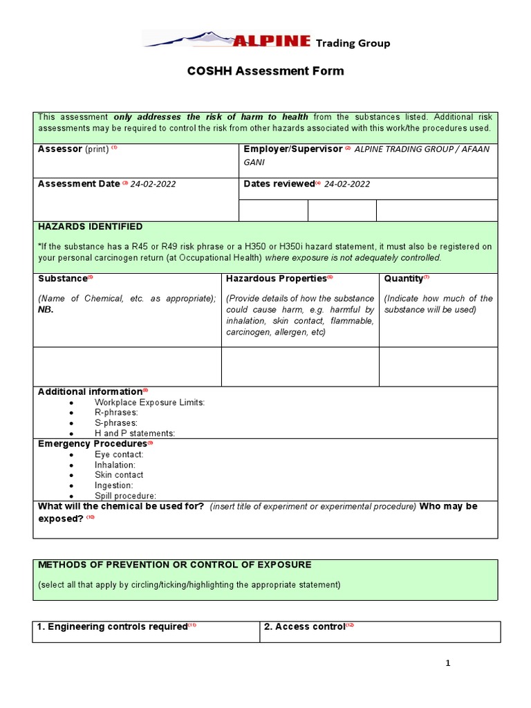 Coshh Assessment Form | PDF | Risk | Health Sciences