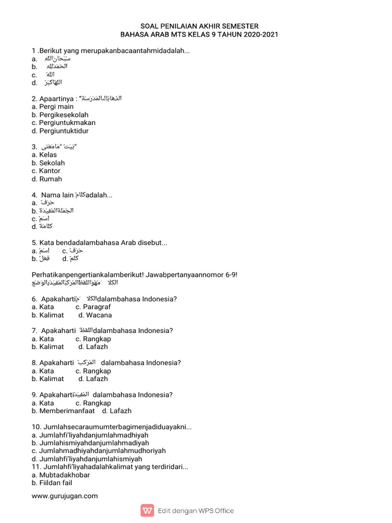 Soal UAS BAHASA ARAB MTS KELAS 9 SEMESTER 1 | PDF