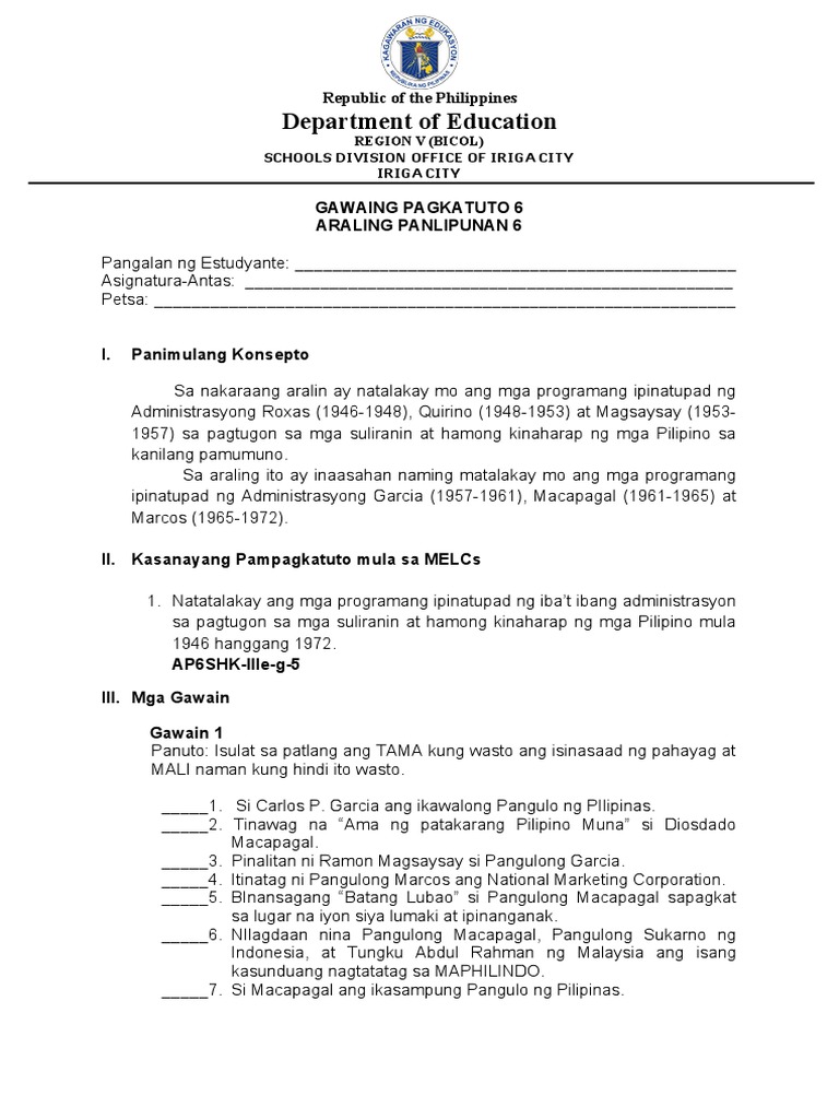 Learning Activity Sheet AP6 Q3WK6 | PDF