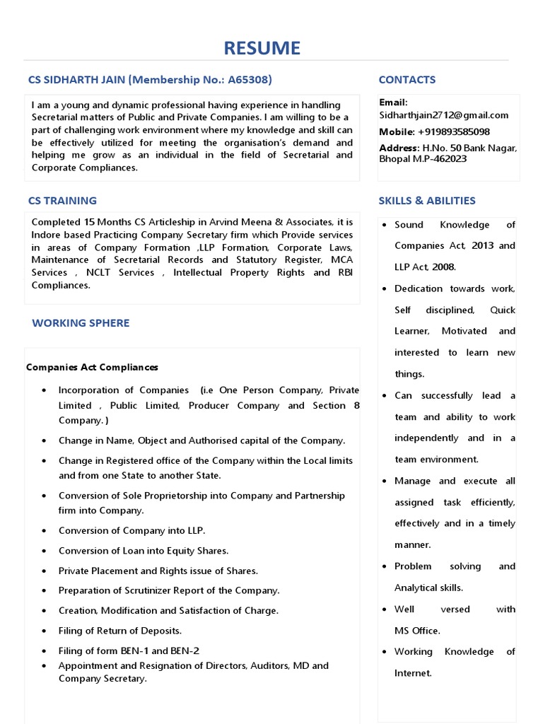 Sidharth Jain Resume, Bhopal, Fresher, 2020 | PDF | Cognition | Business