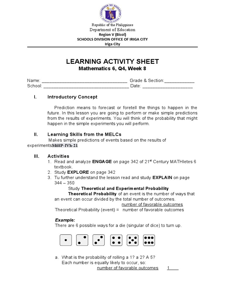 LAS Math6 Q4 W8 Myrna C. Borela Edited | PDF | Probability | Odds