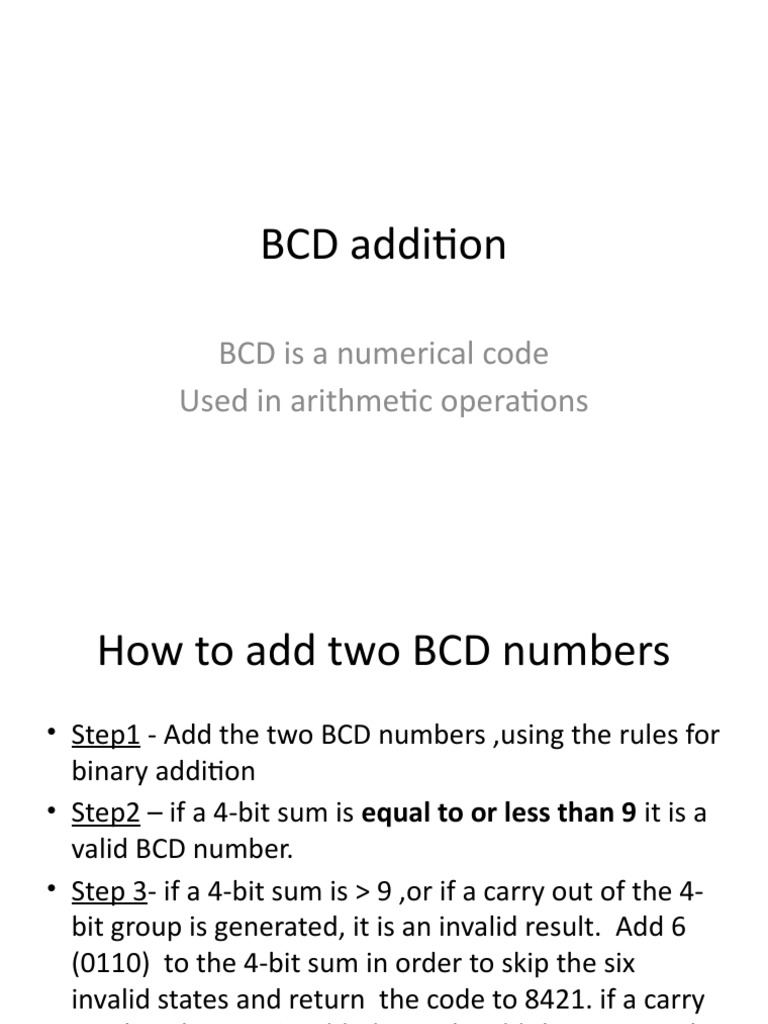 BCD Addition: BCD Is A Numerical Code Used in Arithmetic Operations | PDF