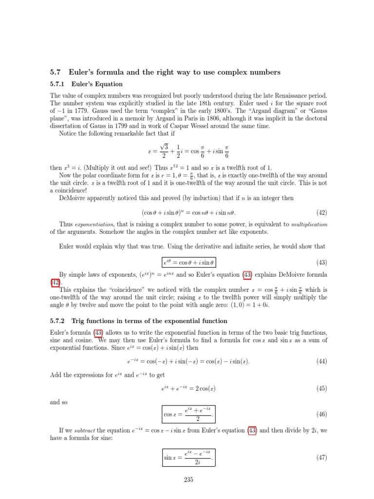 Lecture Notes 5 7 Euler S Marvelous Formula Pdf Trigonometric