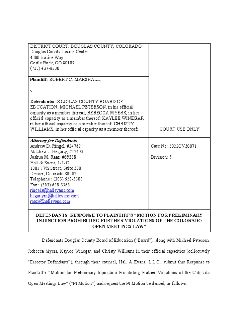 Robert C. Marshall v. Douglas County Board of Education: Response To Preliminary Injunction ...