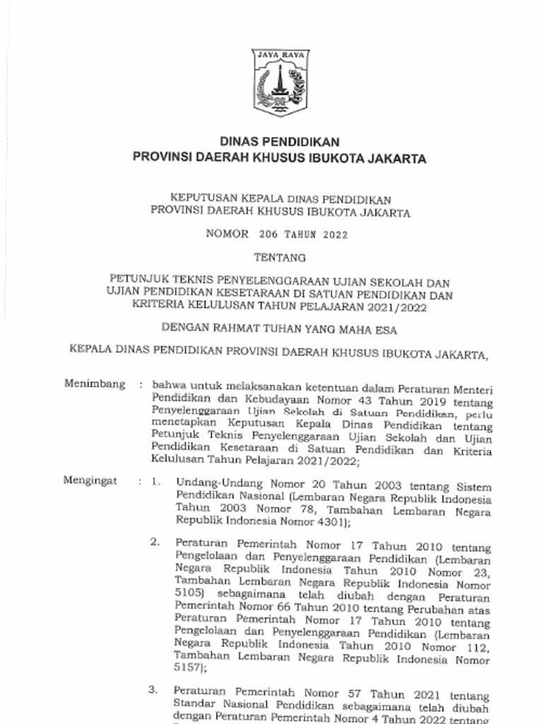 SK Kadis No 206 Tahun 2022 - Juknis US TP 2022-2023 | PDF
