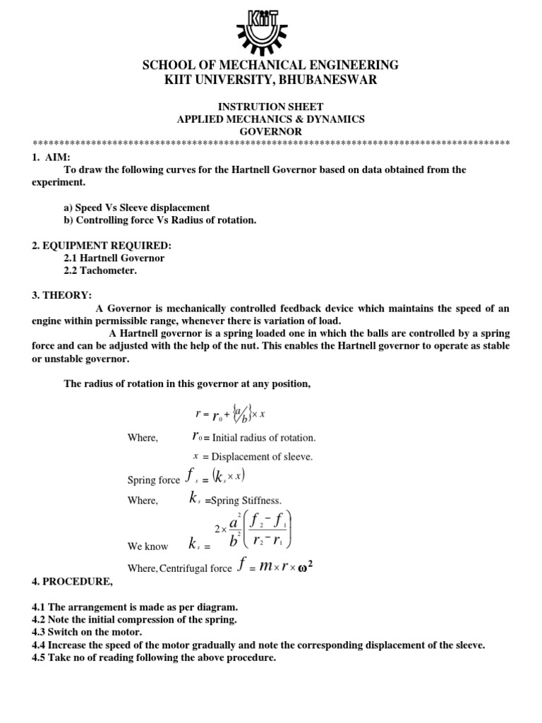 Hartnell Governor Experiment Analysis | PDF | Force | Metrology