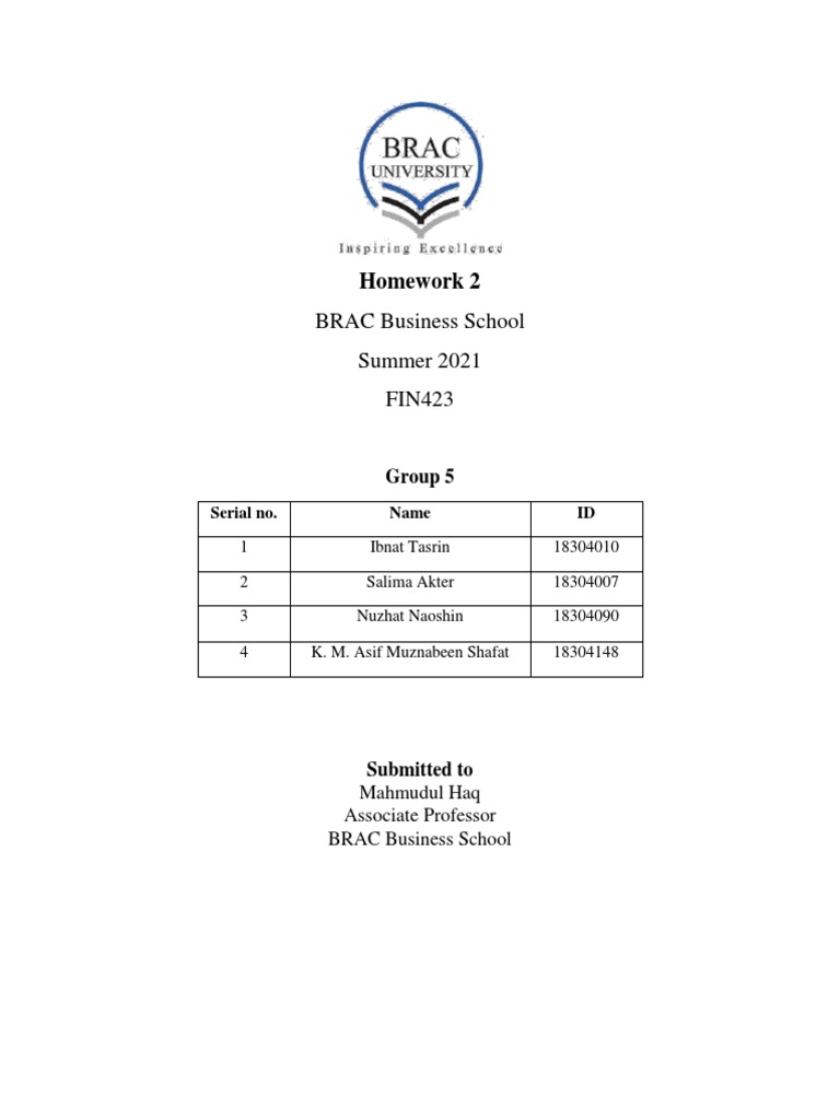 BRAC Business School Summer 2021 FIN423: Homework 2 | PDF