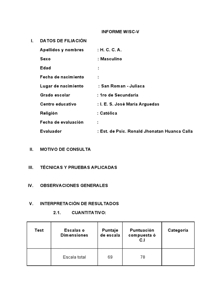 Informe WISC V | PDF | Memoria | Memoria de trabajo