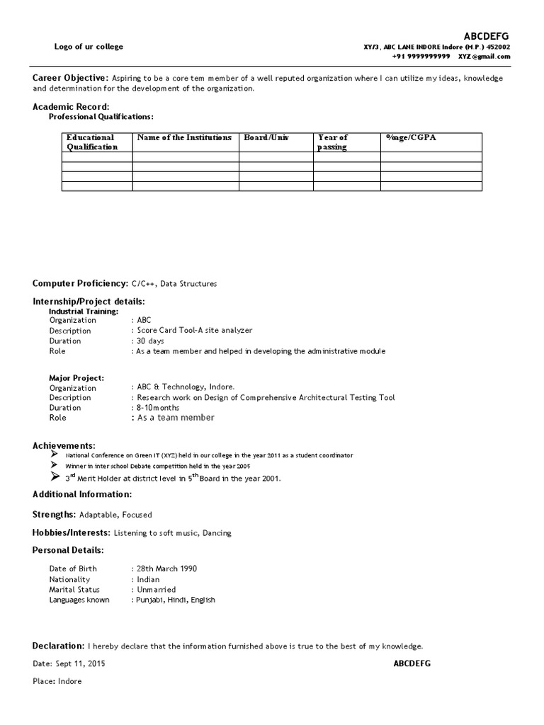 Resume Format Unified | PDF | Cognitive Science | Cognition