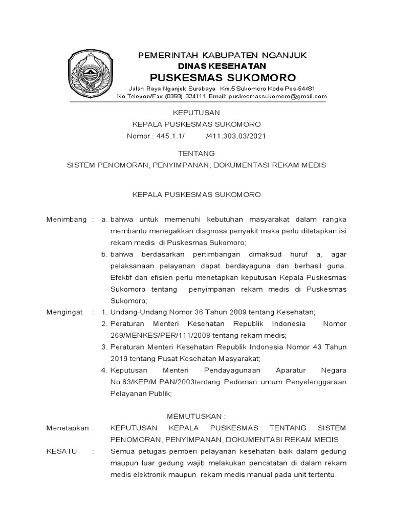 4sk SK SISTEM PENOMORAN, PENYIMPANAN, DOKUMENTASI REKAM MEDIS | PDF