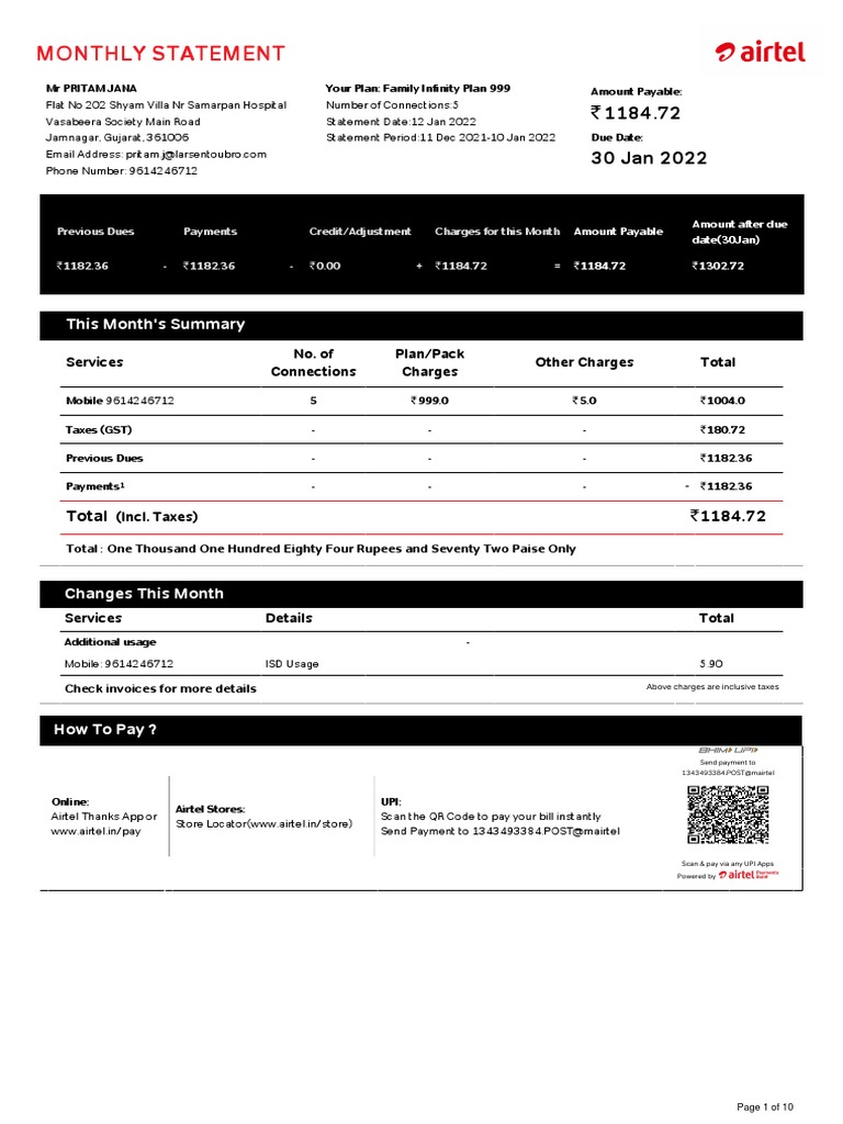 Airtel Monthly Statement - Jan 2022 | PDF | Cheque | Payments