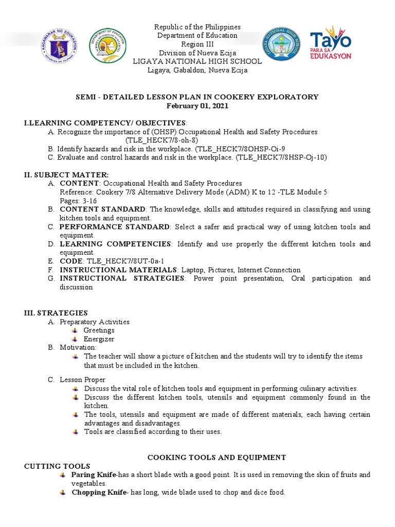 Occupational Health and Safety Lesson Plan | PDF | Foods | Cookware And ...