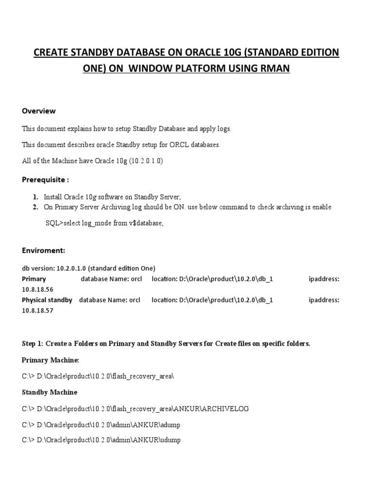 Create Standby Database On Oracle 10G | PDF | Databases | System Software