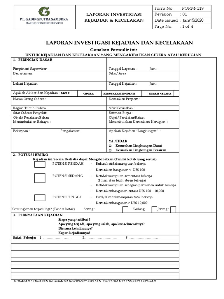 GPS-FORM-119 Accident, Incident Investigation Report (Indonesia) | PDF