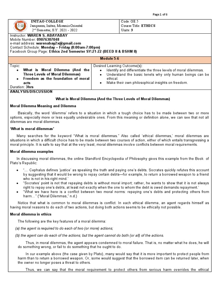 Module 5 6 Prelim Ethics | PDF | Free Will | Morality